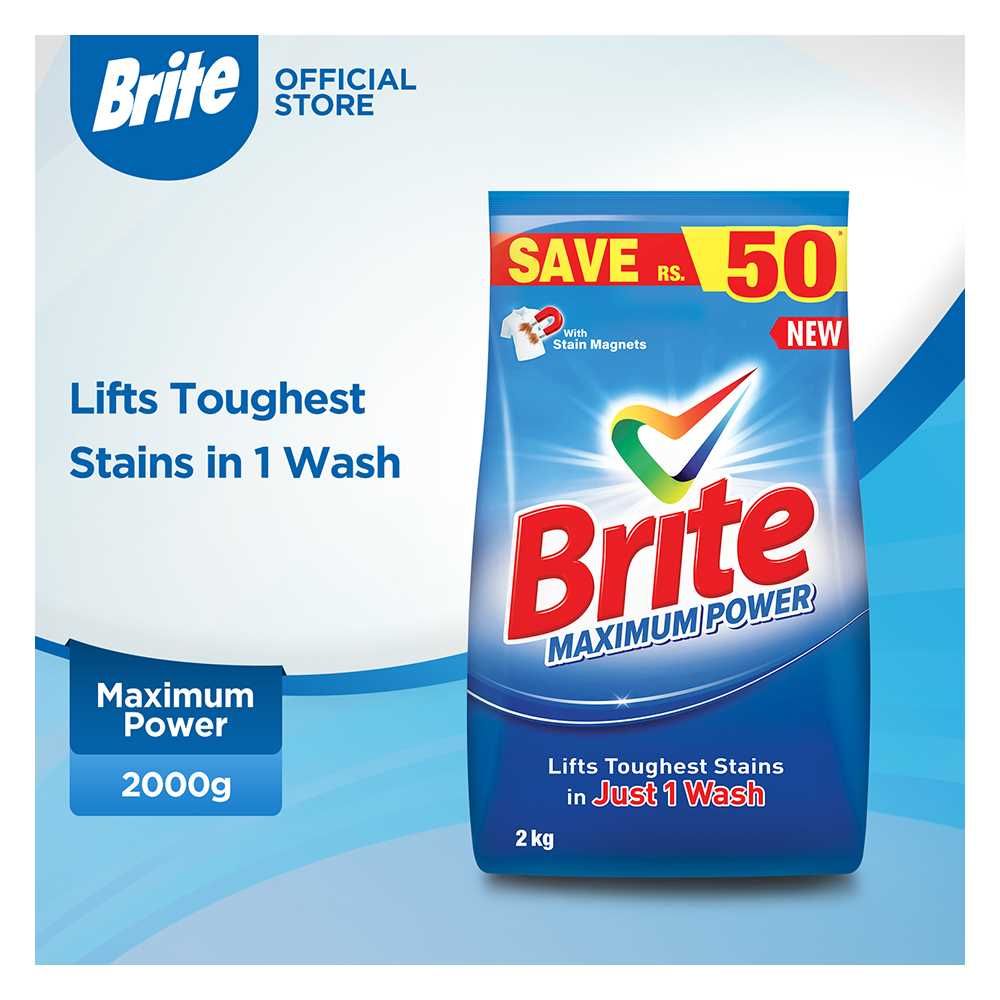 Buy Brite Maximum Power Detergent Powder 2 KG in Pakistan – Shopaholic.pk